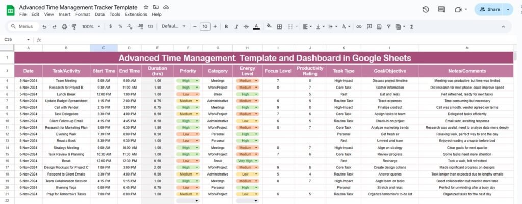 Advanced Time Management Template and Dashboard in Google Sheets ...