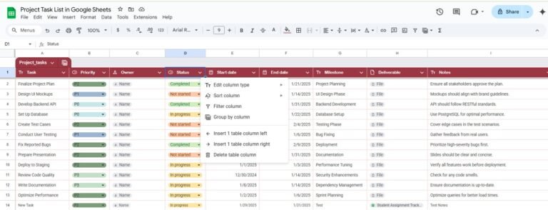 Project task list in google Sheets - Neotech Navigators