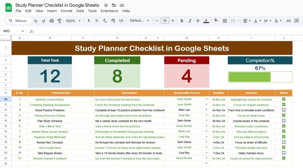 Study Planner Checklist in Google Sheets - Neotech Navigators