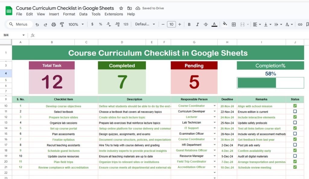 Course Curriculum Checklist in Google Sheets - Neotech Navigators