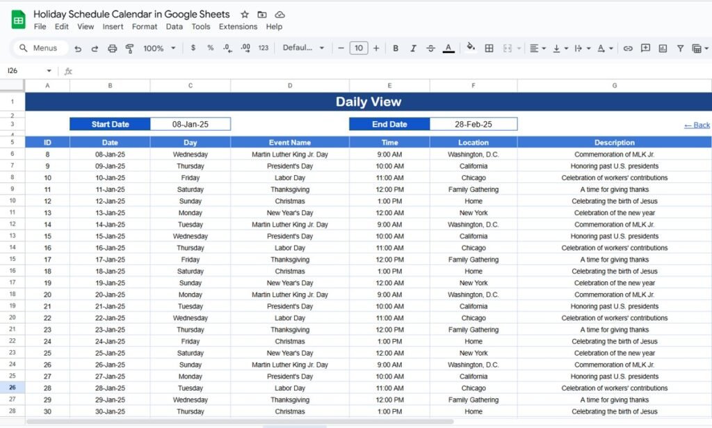 Holiday Schedule Calendar in Google Sheets - Neotech Navigators