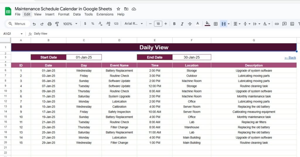 Maintenance Schedule Calendar in Google Sheets - Neotech Navigators