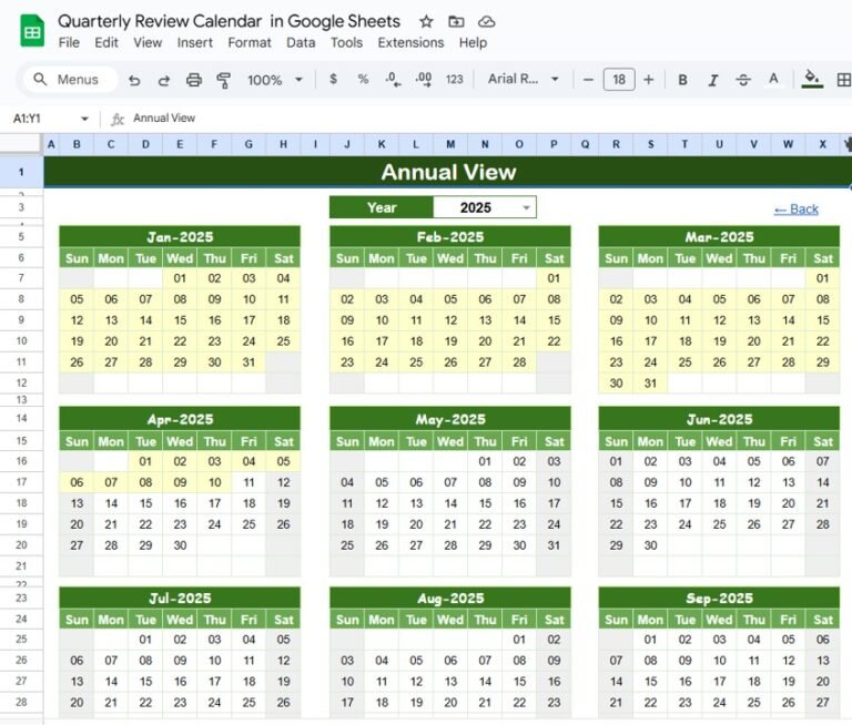Quarterly Review Calendar in Google Sheets - Neotech Navigators