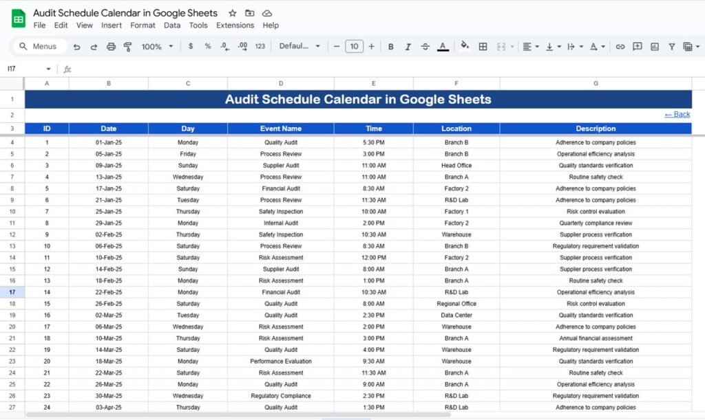 Audit Schedule Calendar in Google Sheets - Neotech Navigators