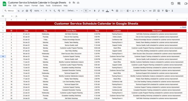 Customer Service Schedule Calendar in Google Sheets - Neotech Navigators