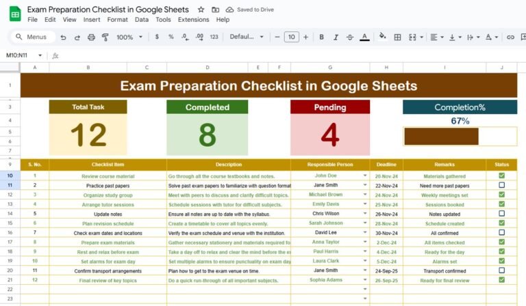 Exam Preparation Checklist in Google Sheets - Neotech Navigators
