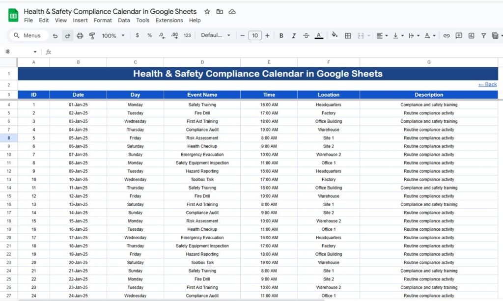 Health & Safety Compliance Calendar in Google Sheets - Neotech Navigators