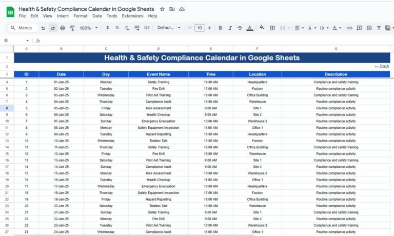 Health & Safety Compliance Calendar in Google Sheets - Neotech Navigators