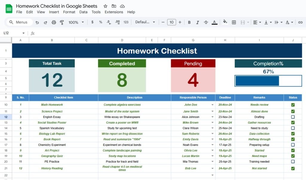 Homework Checklist in Google Sheets - Neotech Navigators