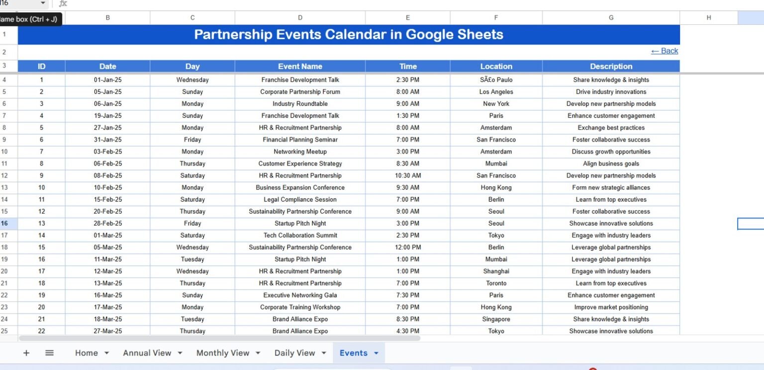 Partnership Events Calendar in Google Sheets - Neotech Navigators