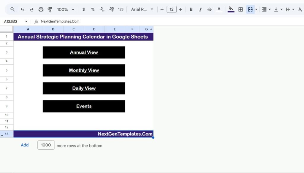 Annual Strategic Planning Calendar in Google Sheets - Neotech Navigators