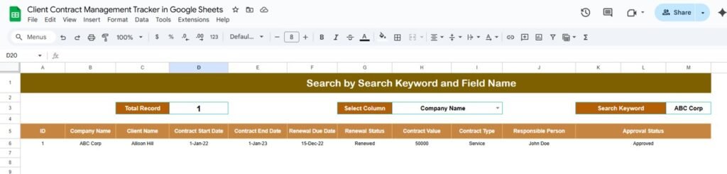 Client Contract Management Tracker in Google Sheets - Neotech Navigators