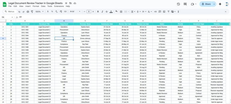 Legal Document Review Tracker in Google Sheets - Neotech Navigators
